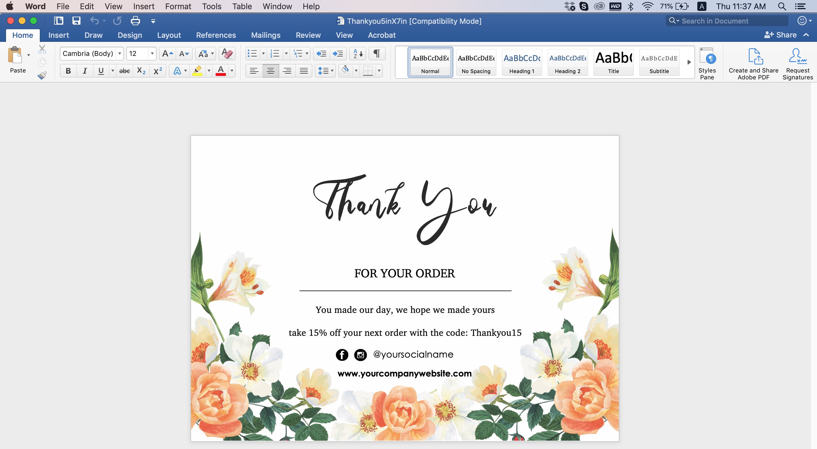 EDITABLE THANK YOU CARD