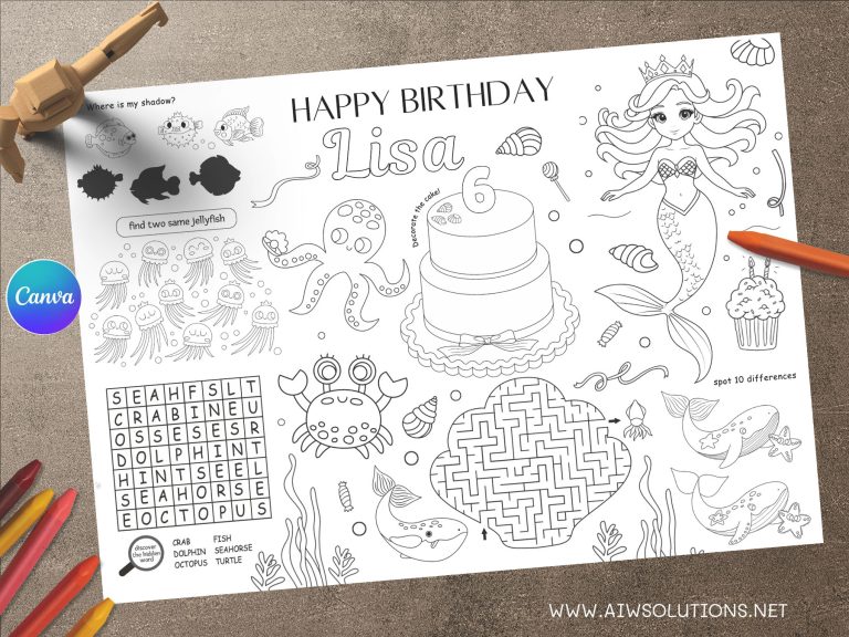 Editable Mermaid Birthday activity Coloring Sheet-ID03 - aiwsolutions