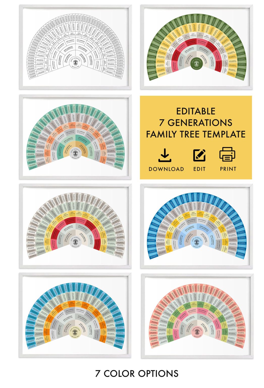 Editable Canva Family tree, 7 generations modern genealogy, Unique ...