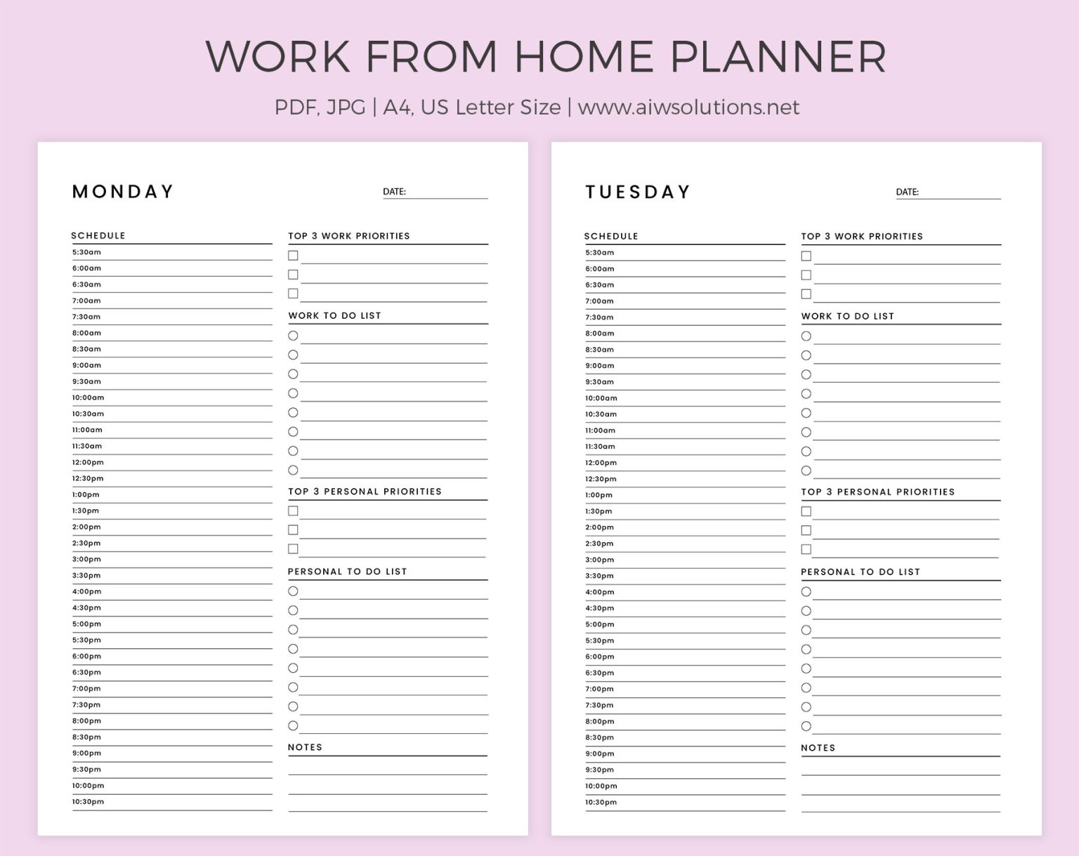 Work From Home Planner, Personal Daily Planner, Daily Hourly Planner ...