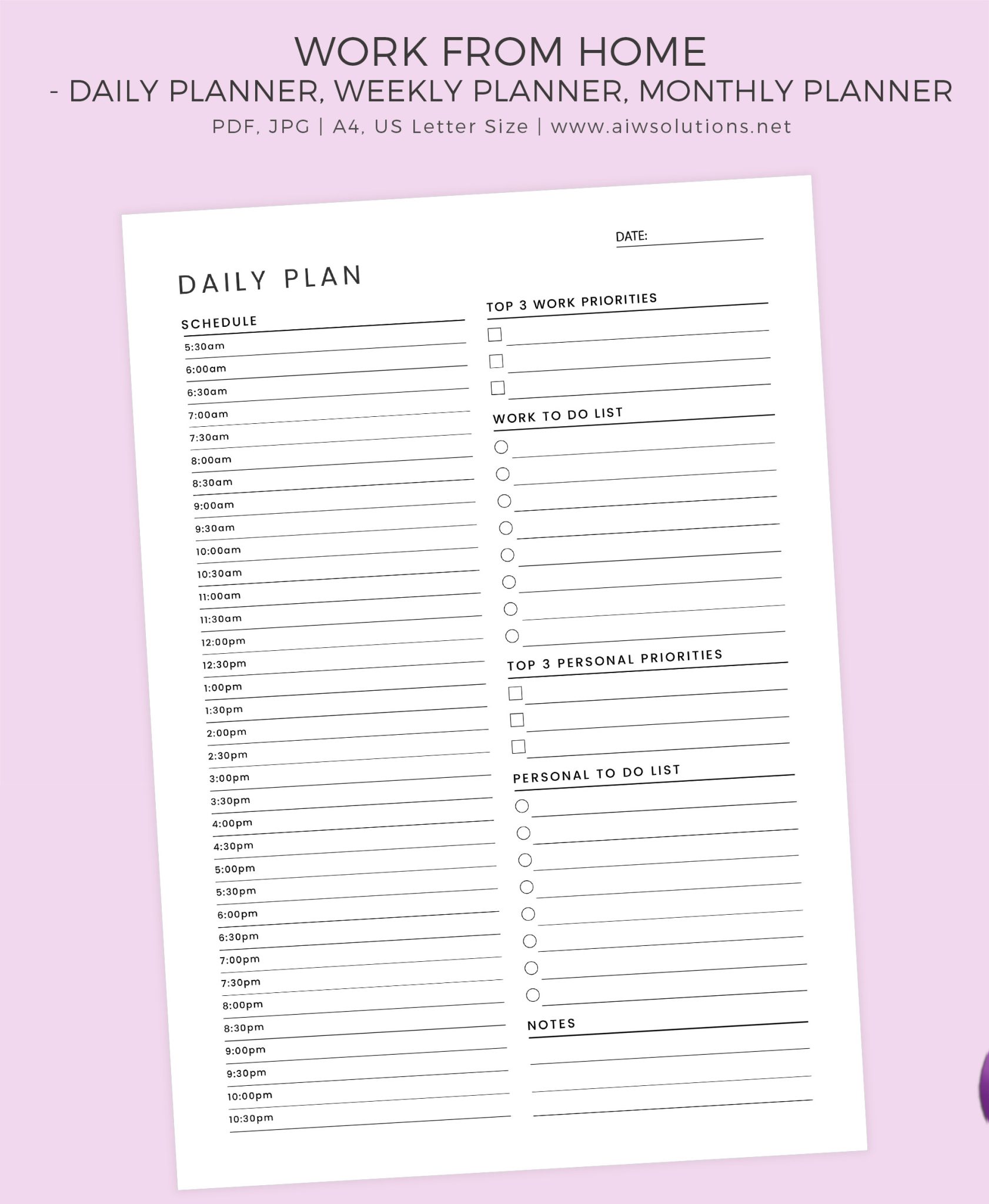 Work From Home planner Template- Daily Planner, Weekly Planner, Monthly ...