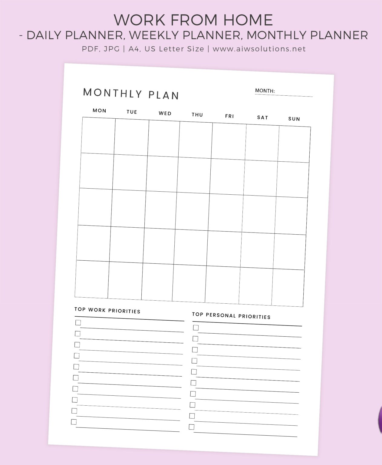 Work From Home planner Template- Daily Planner, Weekly Planner, Monthly ...