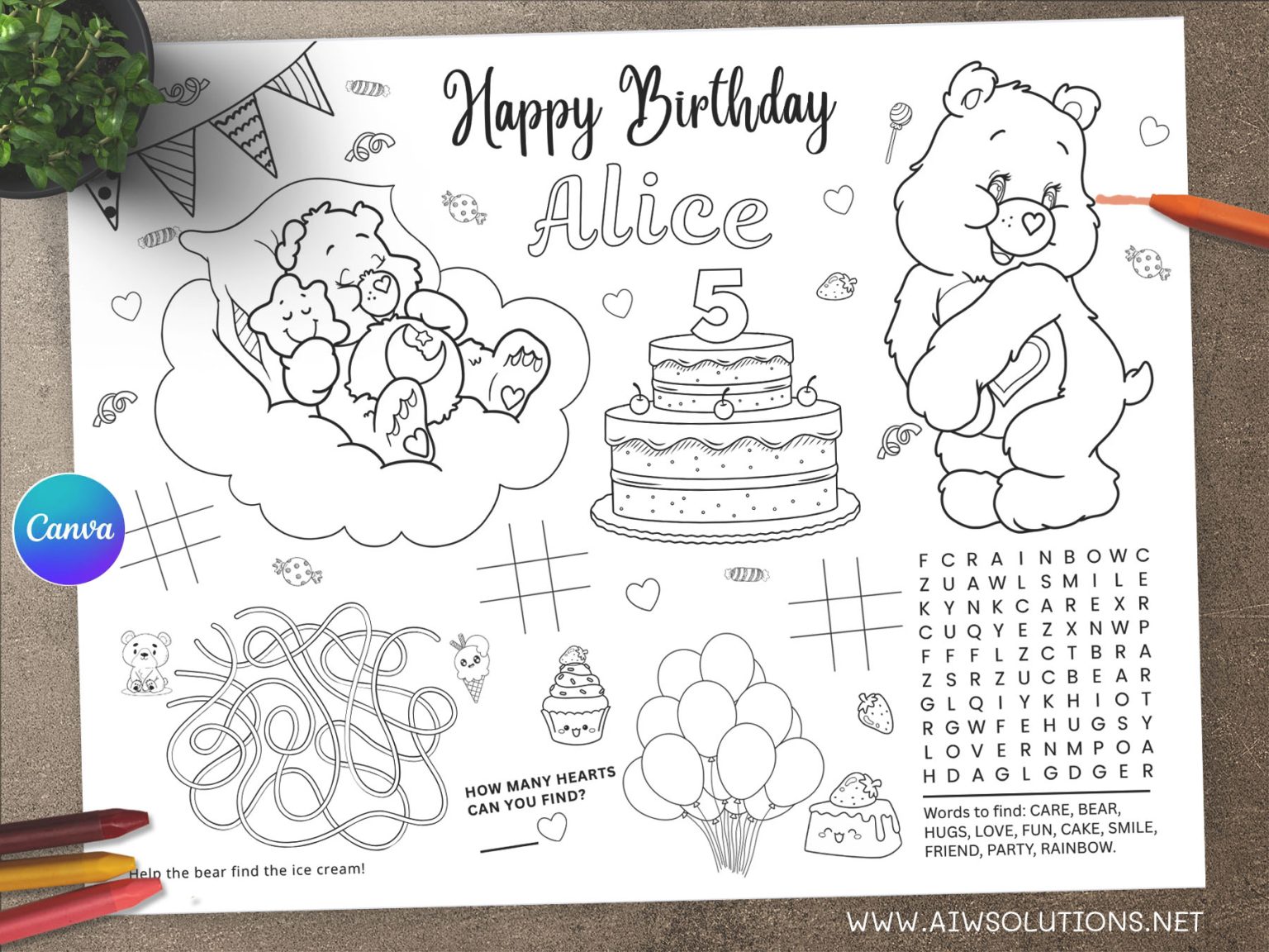 Editable Care bear coloring, care bear birthday, care bears party, care ...