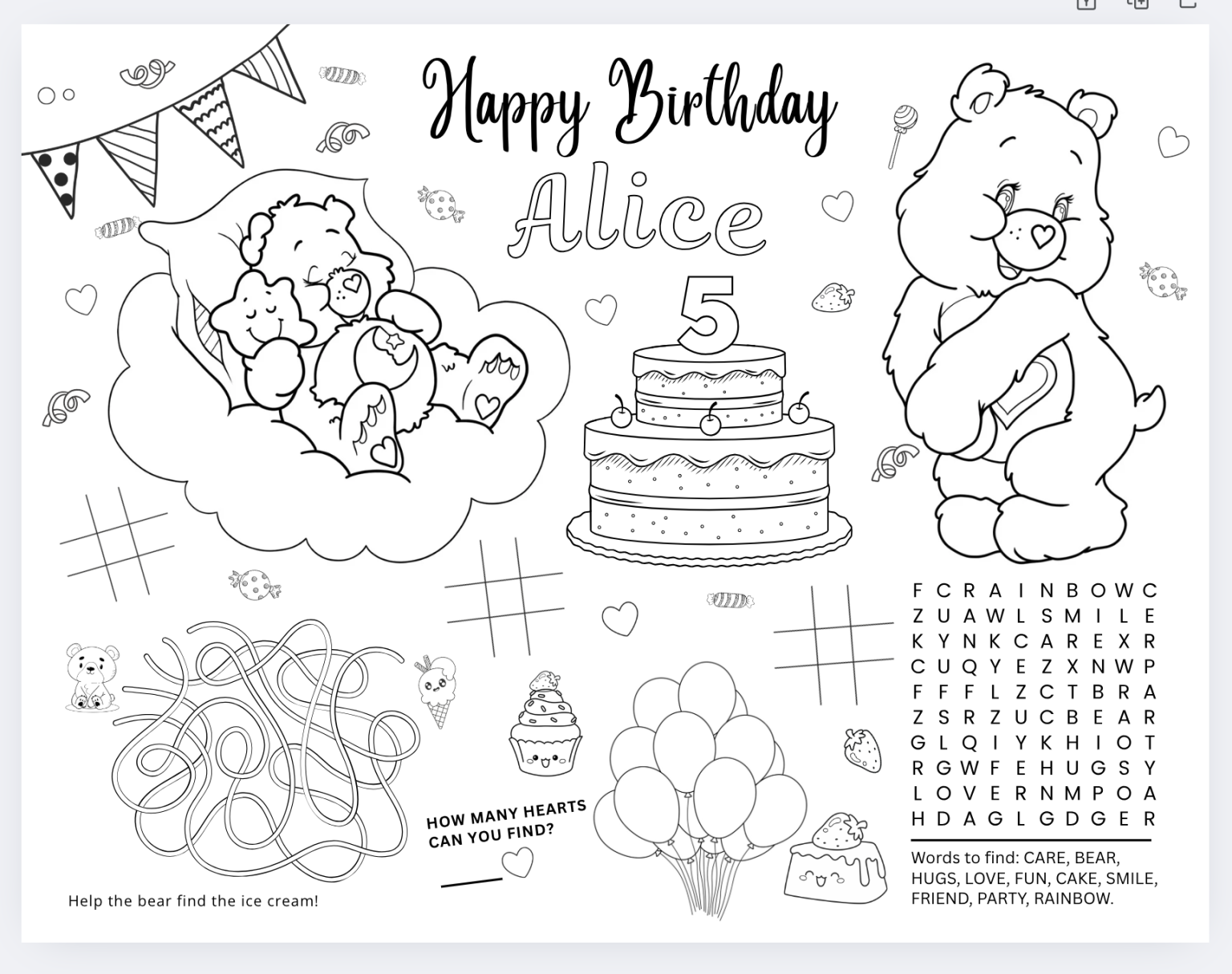 Editable Care bear coloring, care bear birthday, care bears party, care ...