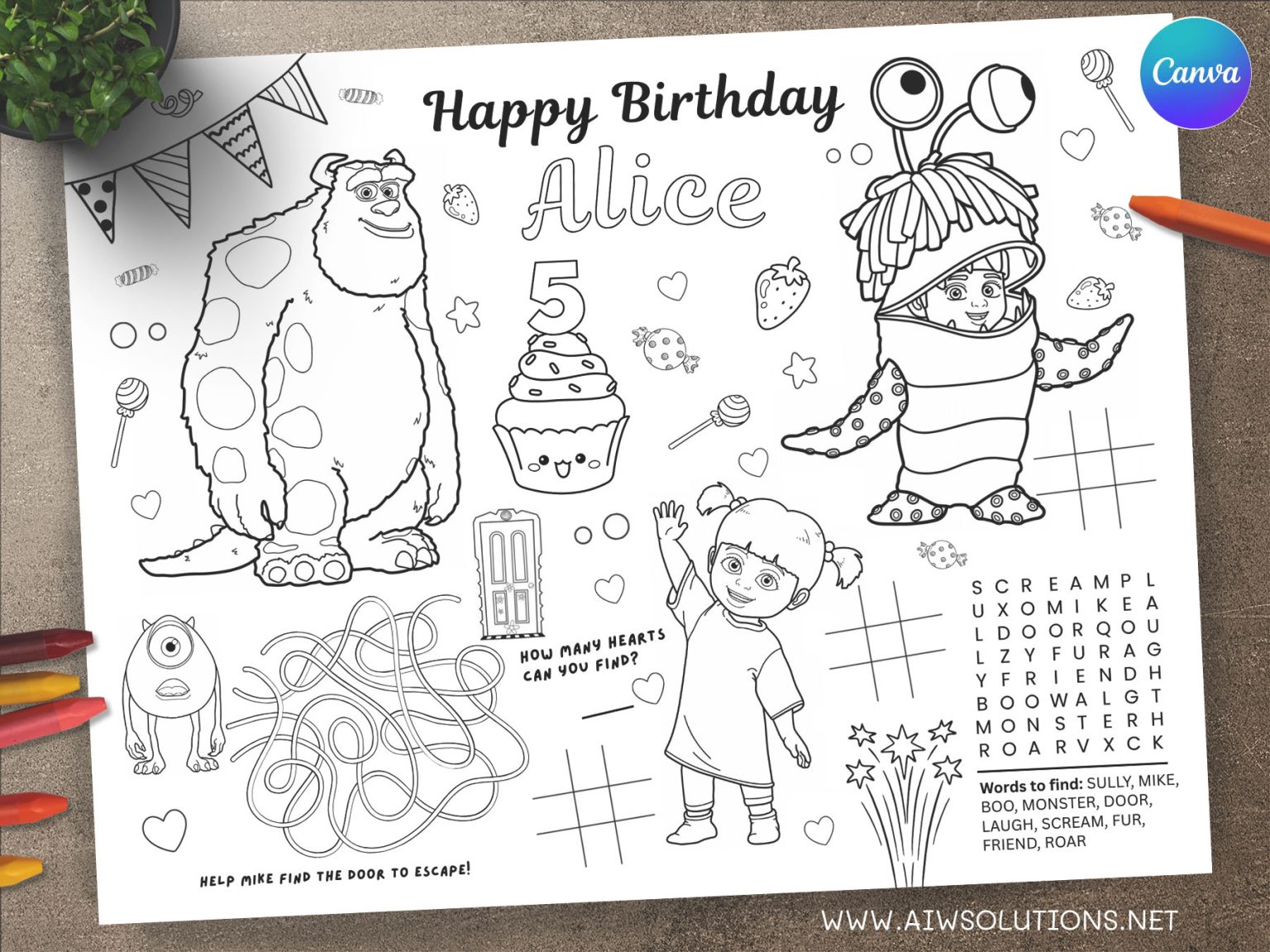 Monsters Inc. Birthday Party Activity and Coloring Sheet, ID18 ...