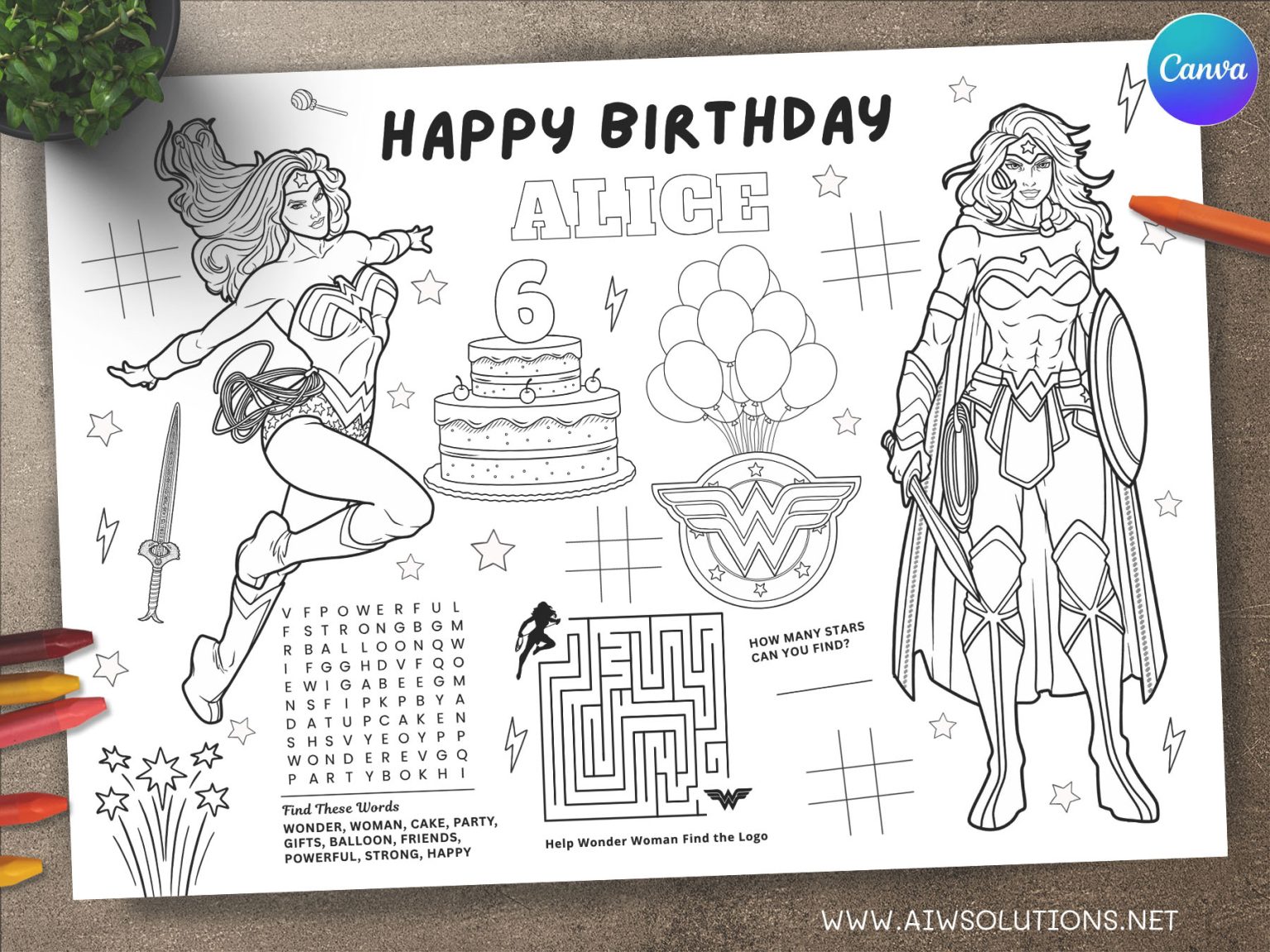 Wonder Woman Party Activity and Coloring Sheet, Wonder Woman Birthday ...