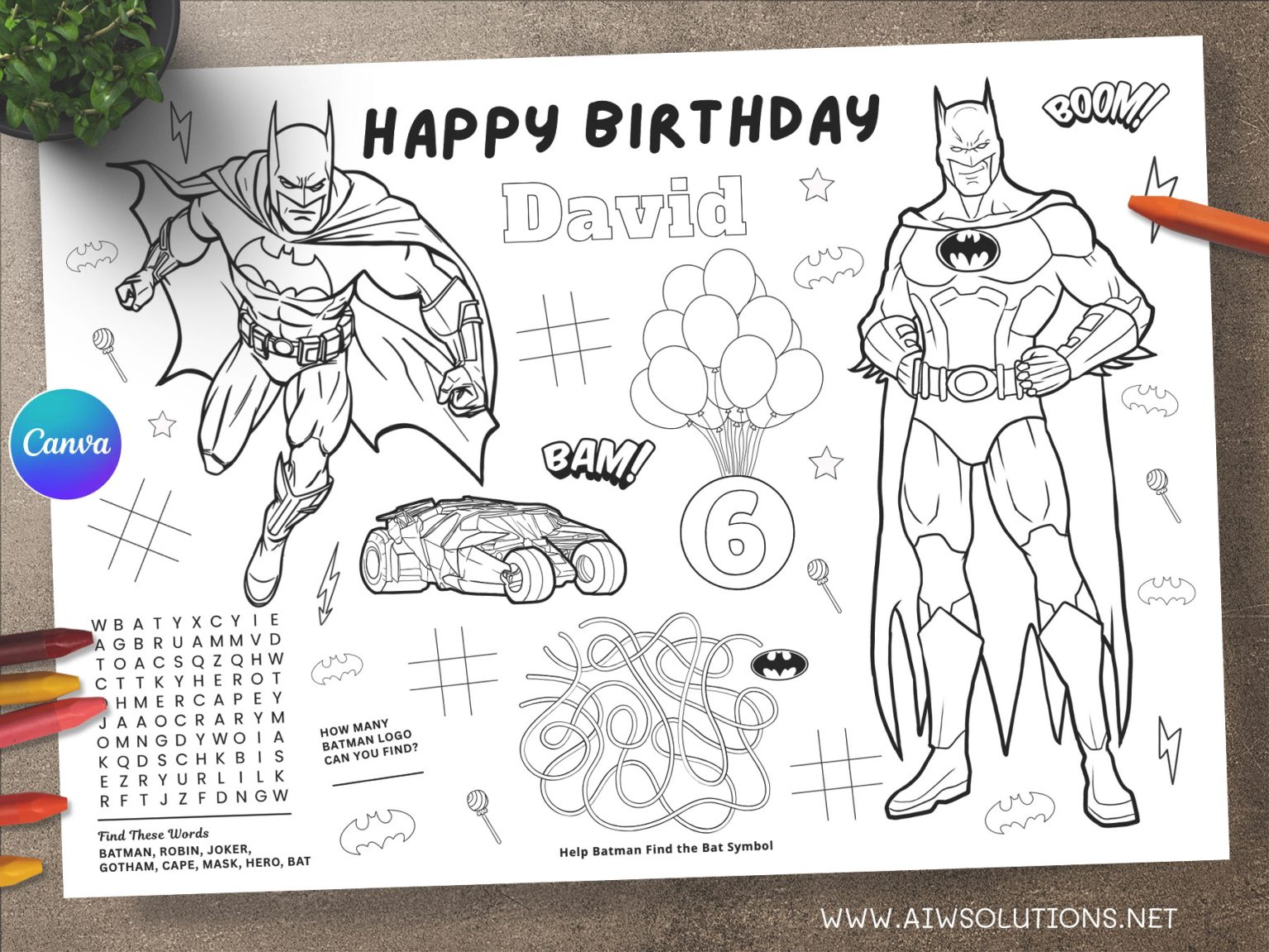 Editable Batman birthday Coloring Placemat, Superheroes birthday ...