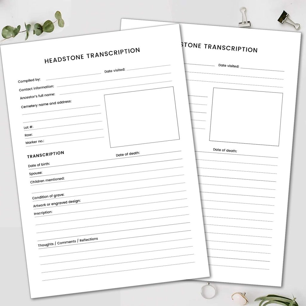 Headstone Transcription Printable Form – Genealogy & Family History ...
