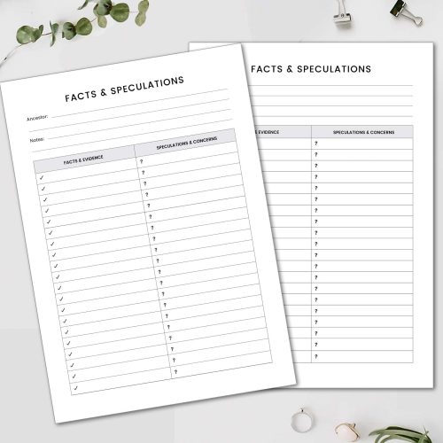 Facts & Speculations Printable Worksheet, genealogy speculation log