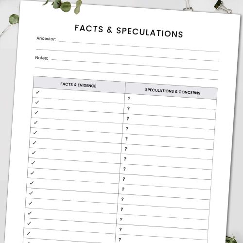 Facts & Speculations Printable Worksheet, genealogy speculation log